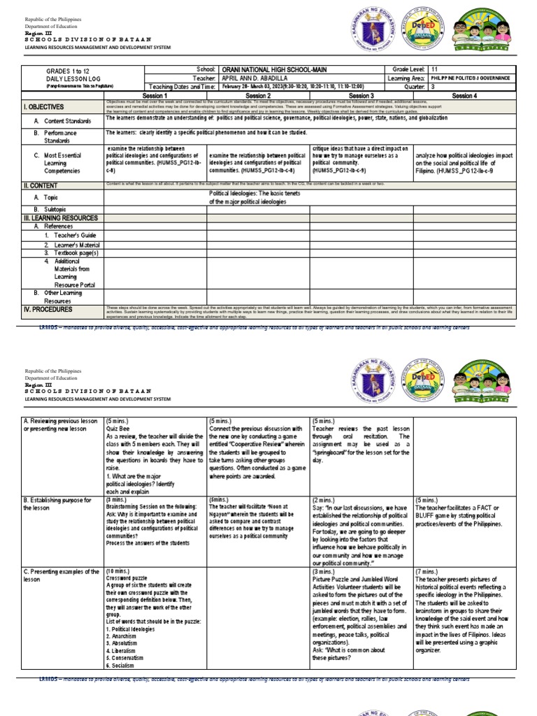 DLL SHS Week3 - PPG | PDF | Learning | Teachers