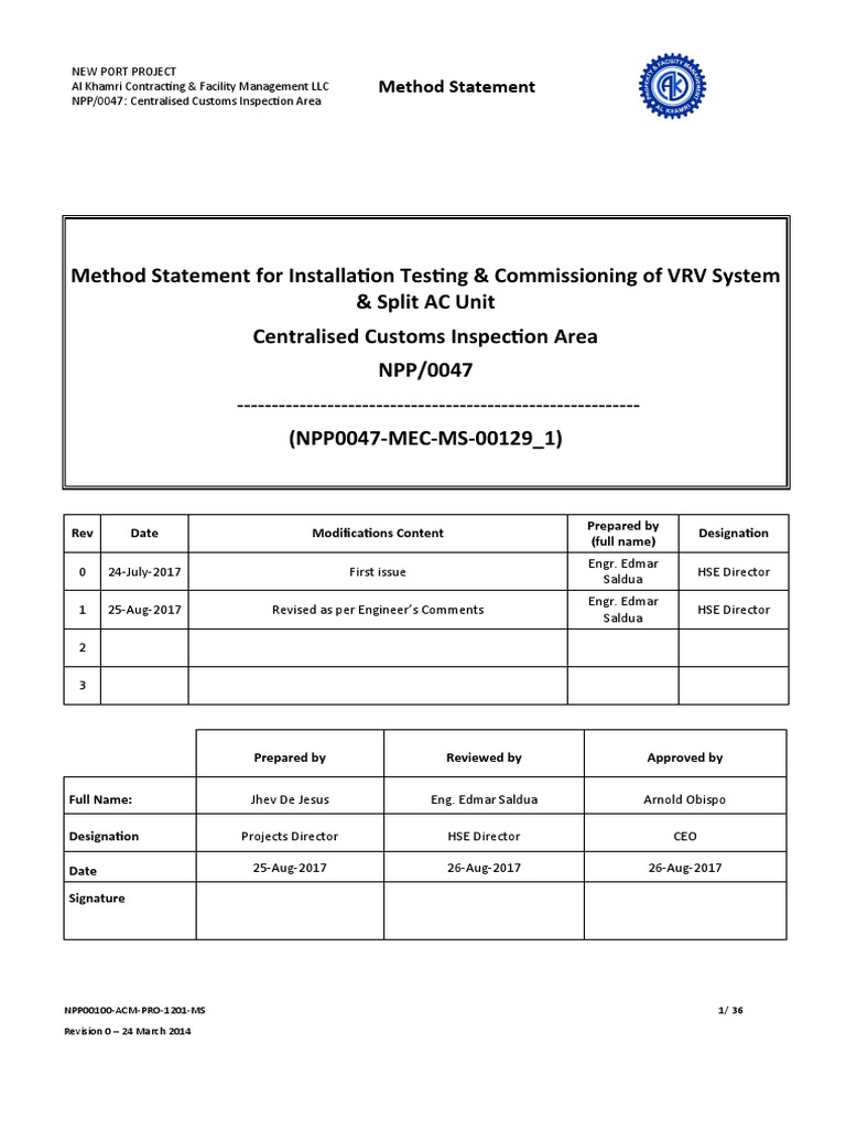 Method Statement For Installation Testing Commissioning of VRF Split ...