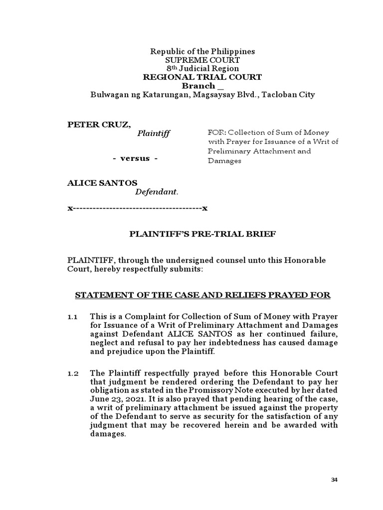 Pre-Trial Brief Peter Cruz - Plaintiff | PDF | Lawsuit | Damages