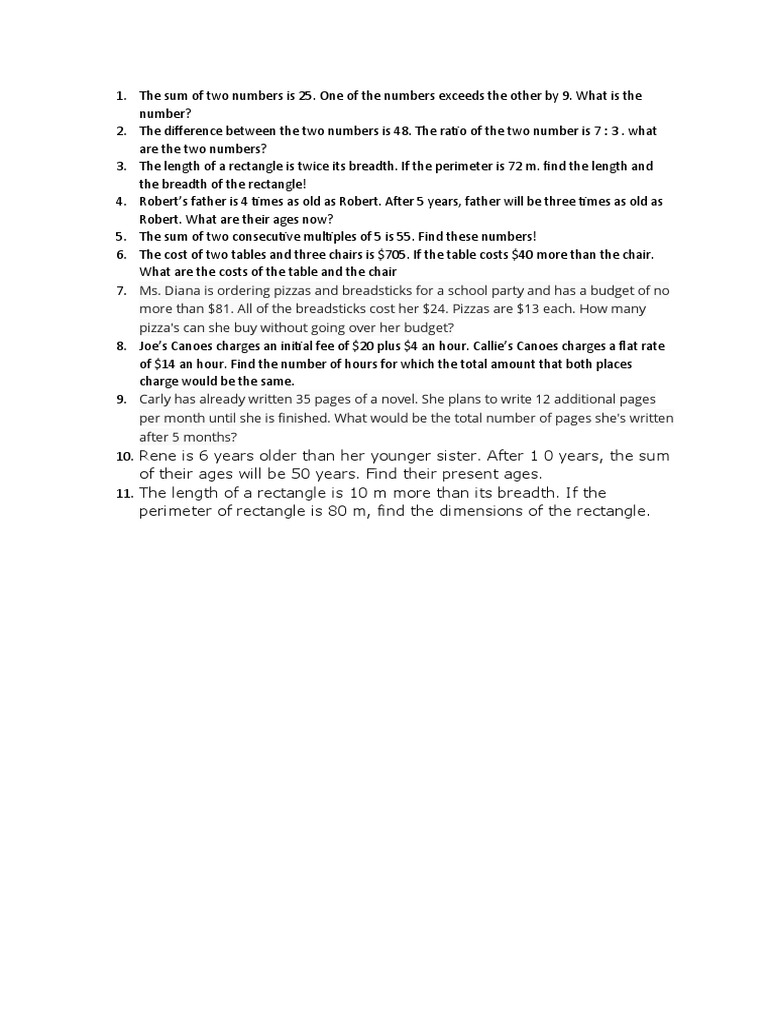 Linear Equations Word Problems Worksheet | PDF