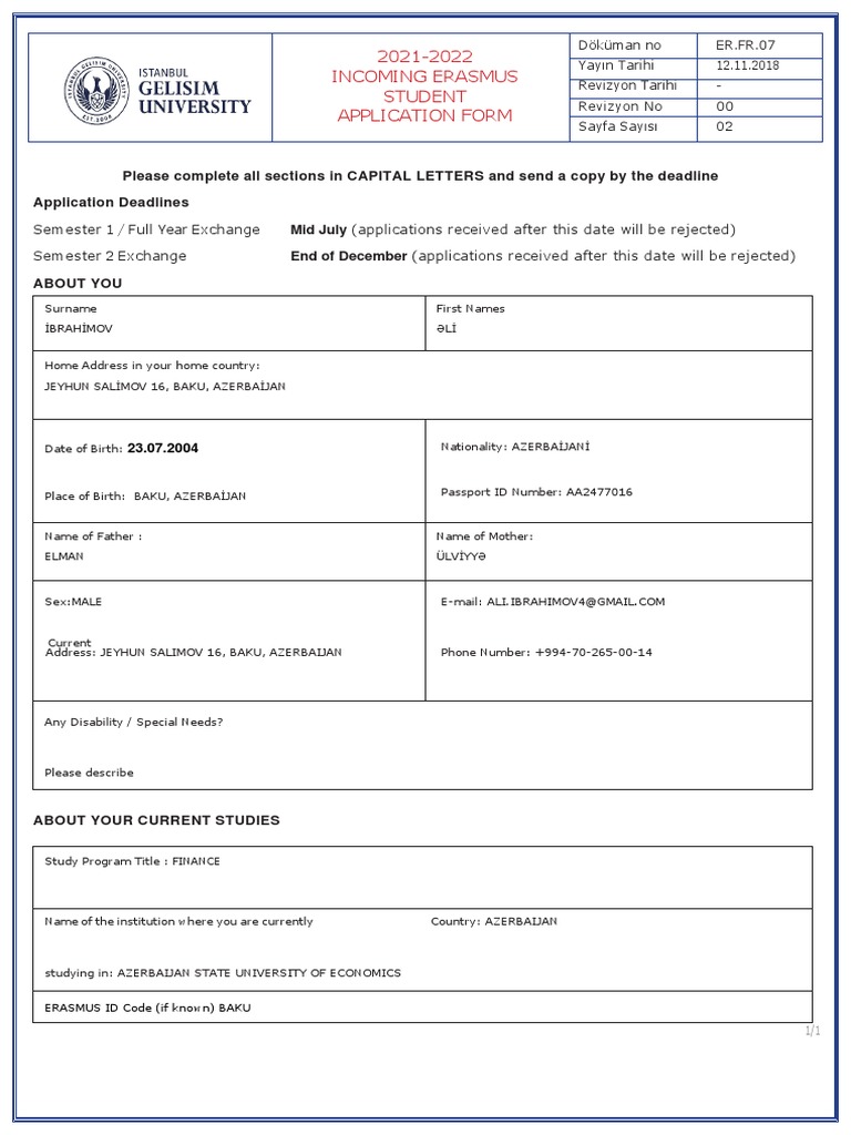 Erasmus Student Application 2021-22 | PDF