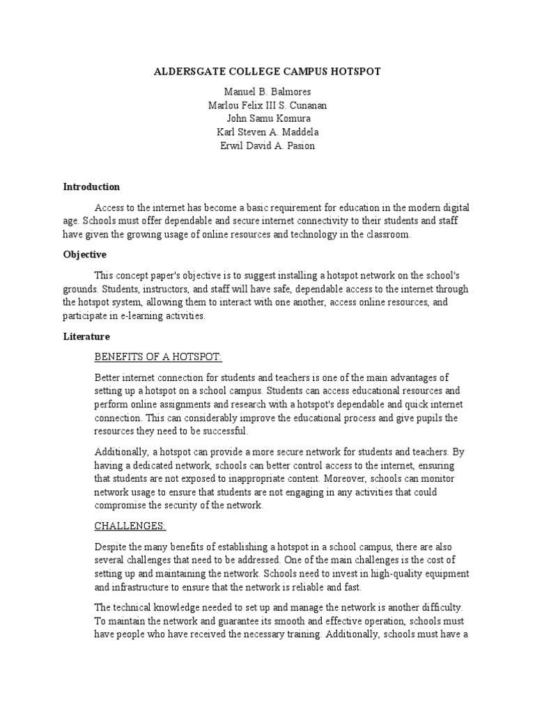 Concept Paper Aldersgate College Campus Hotspot | PDF | Wi Fi ...