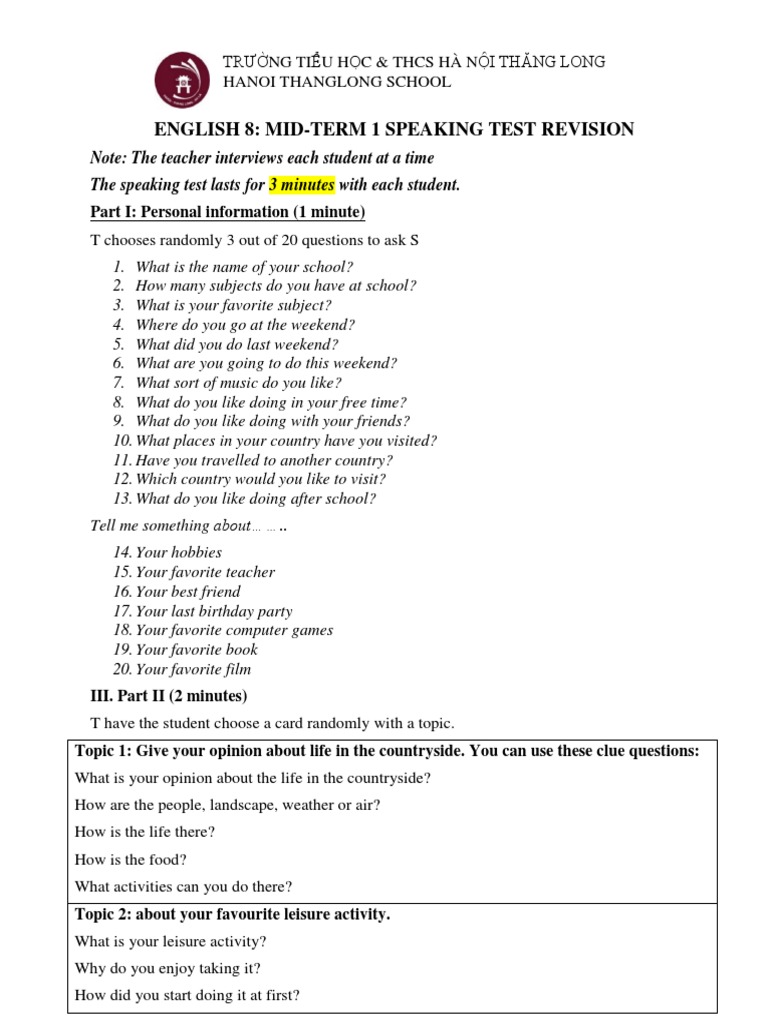 G8 Mid-First-term Test 1 - Speaking Test Revision | PDF | Language Arts ...