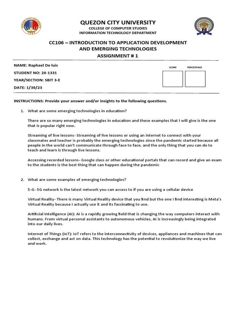 Quezon City University: Cc106 - Introduction To Application Development and Emerging ...