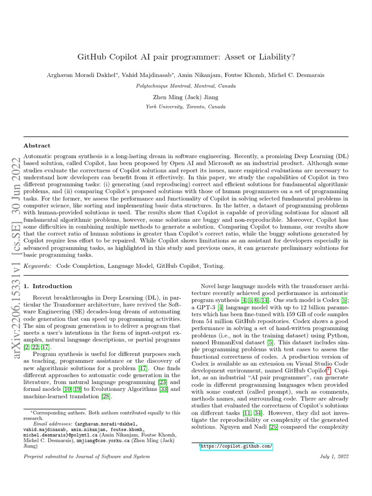 Github Copilot Ai Pair Programmer: Asset or Liability? | PDF | Computer ...