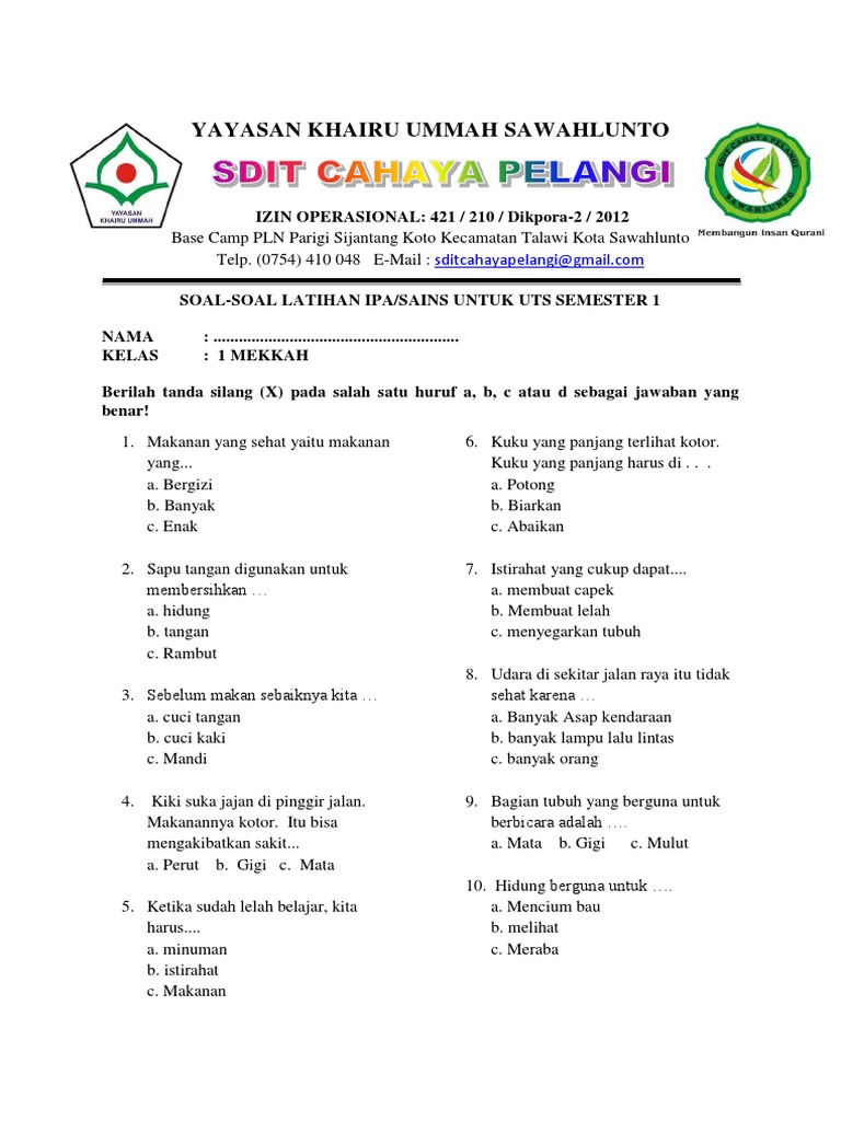 Soal Sains Kelas 1 SD PDF | PDF