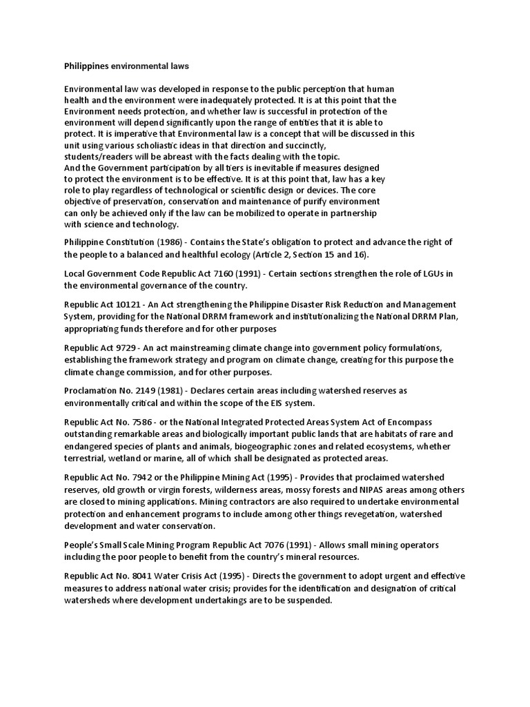 Philippine Environmental Laws Overview | PDF | Environmental Law | Forestry