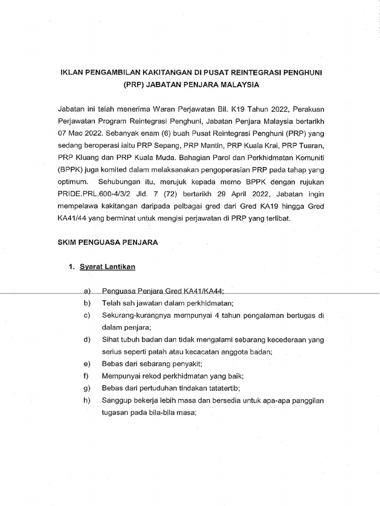 Memo Edaran Permohonan Untuk Bertugas Di PRP Jabatan Penjara Malaysia | PDF