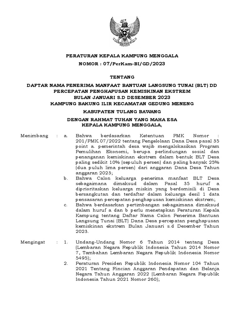 Daftar Penerima BLT DD 2023 Kampung Bakung Ilir | PDF | Ilmu Sosial ...