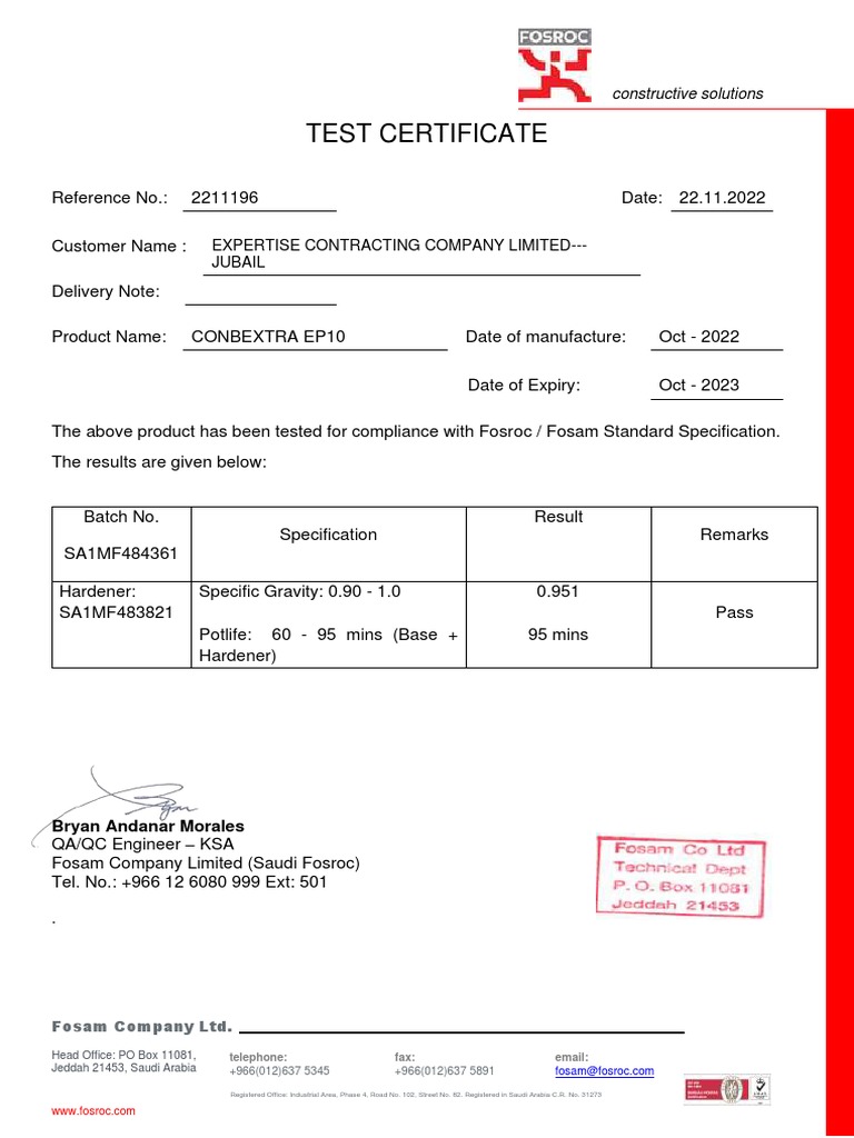 Test Certificate: Expertise Contracting Company Limited - Jubail | PDF
