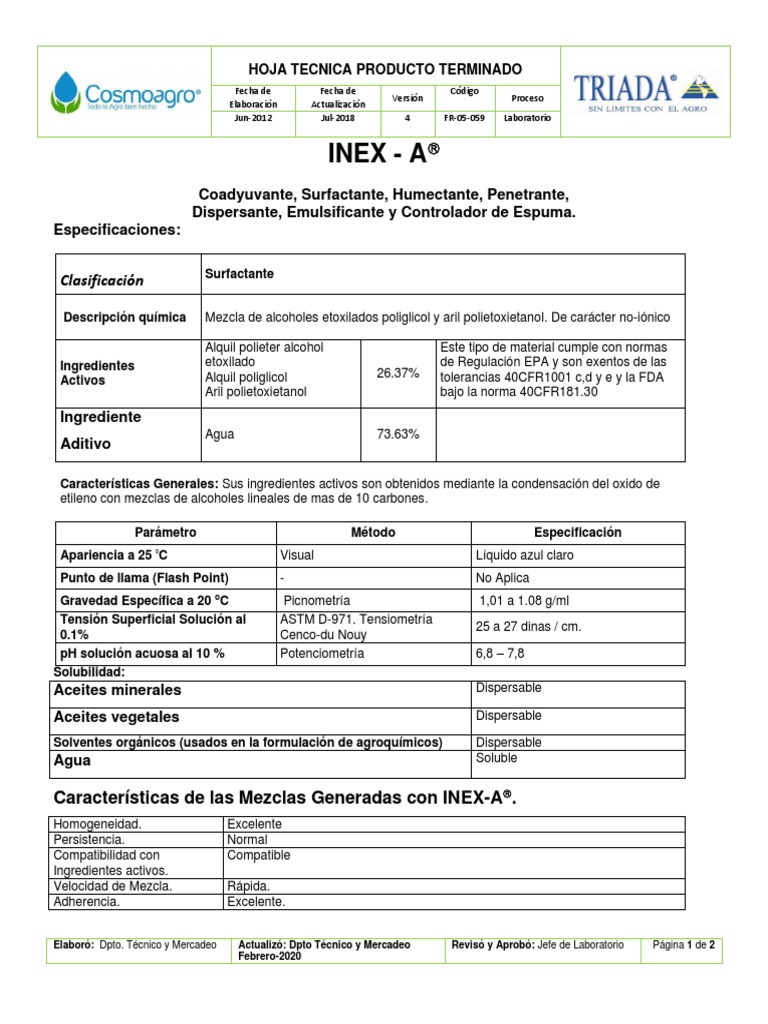Inex A Hoja Tecnica | Descargar gratis PDF | Agua | Tensioactivo