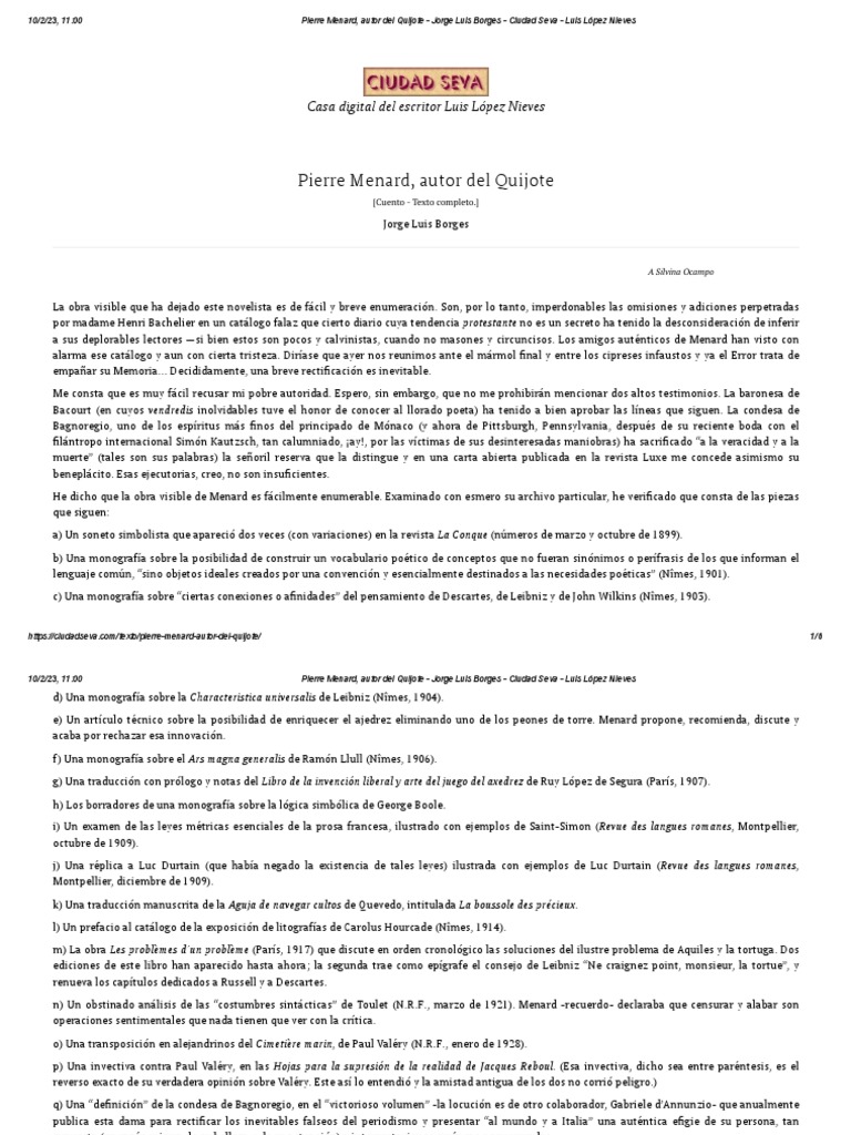 Pierre Menard, Autor Del Quijote - Jorge Luis Borges - Ciudad Seva ...