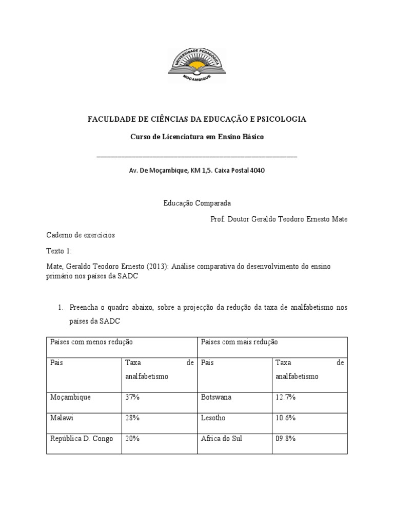 Angelina Pinto Agostinho Texto 1 | PDF | Moçambique | Educação primária