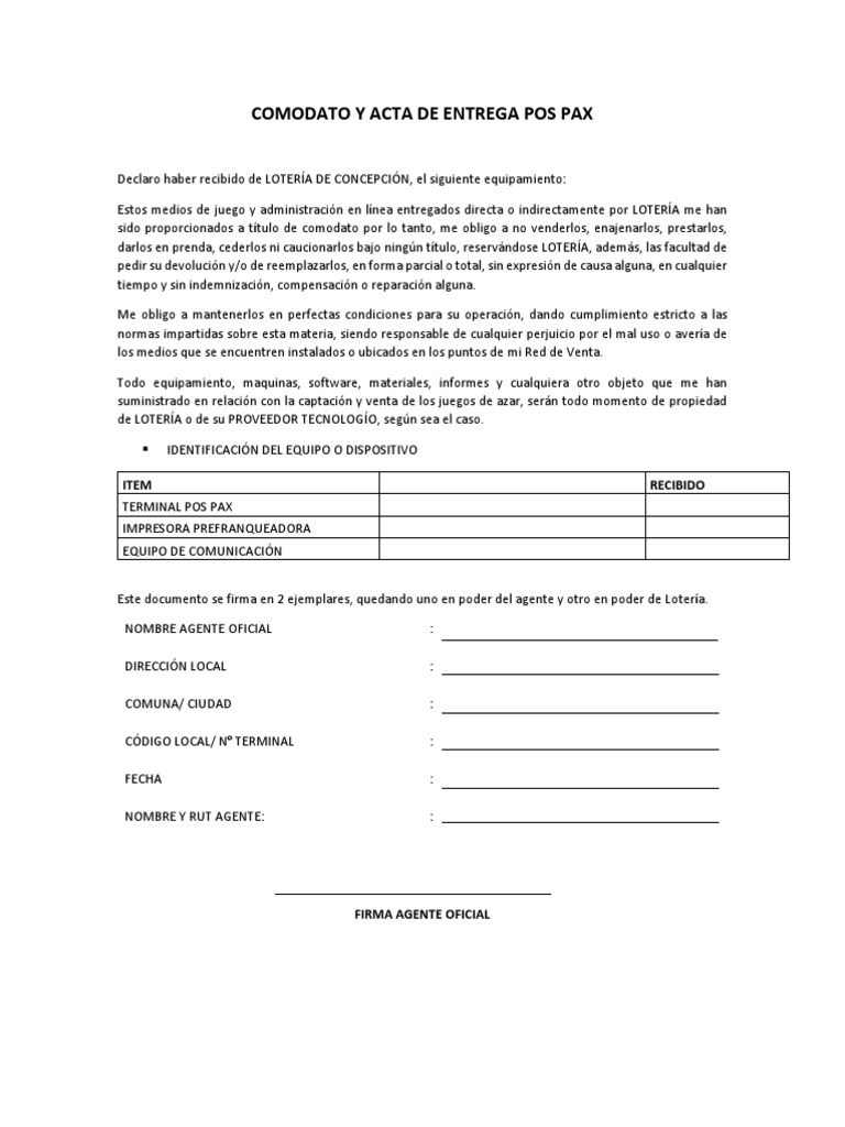Comodato y Acta de Entrega POS PAX | PDF