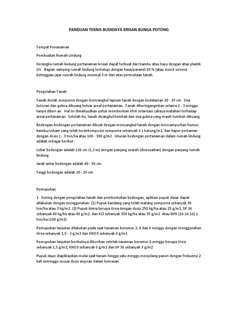 Panduan Teknis Budidaya Krisan Bunga Potong | PDF