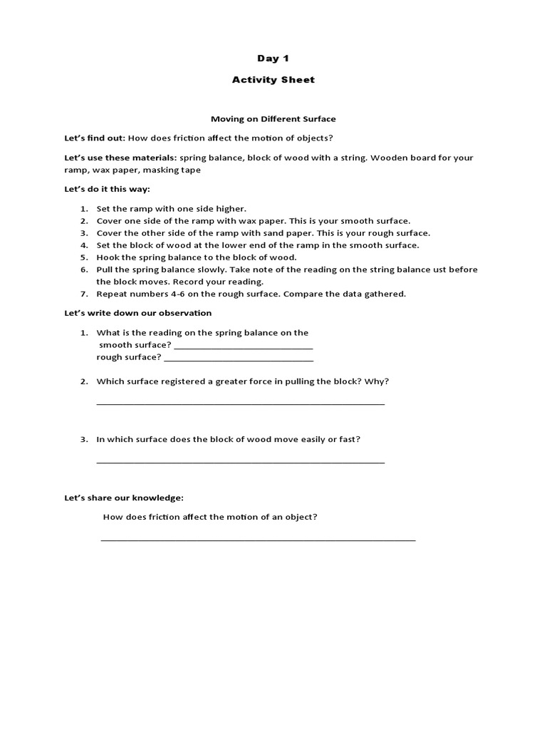 Friction Activities for Grade 6 | PDF | Friction | Force