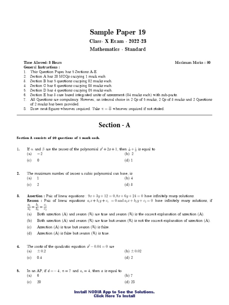 Maths Sample Paper | PDF | Circle | Sphere