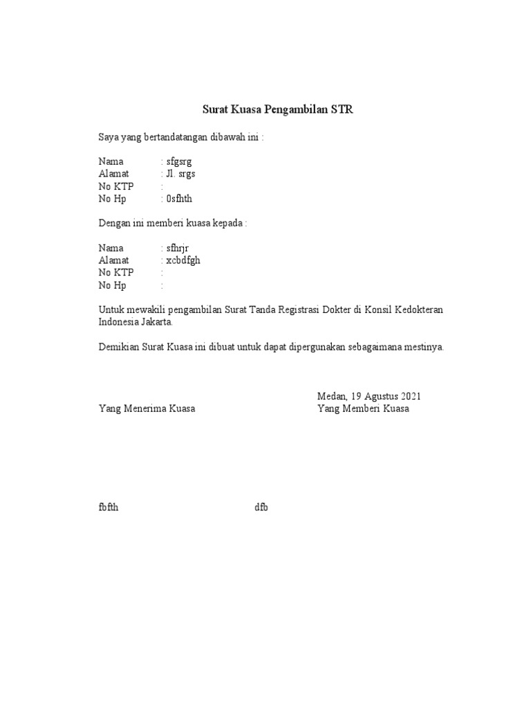Surat Kuasa Pengambilan STR | PDF