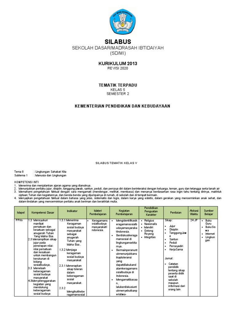 Silabus Kelas 5 Tema 8 - 9 Komponen | PDF