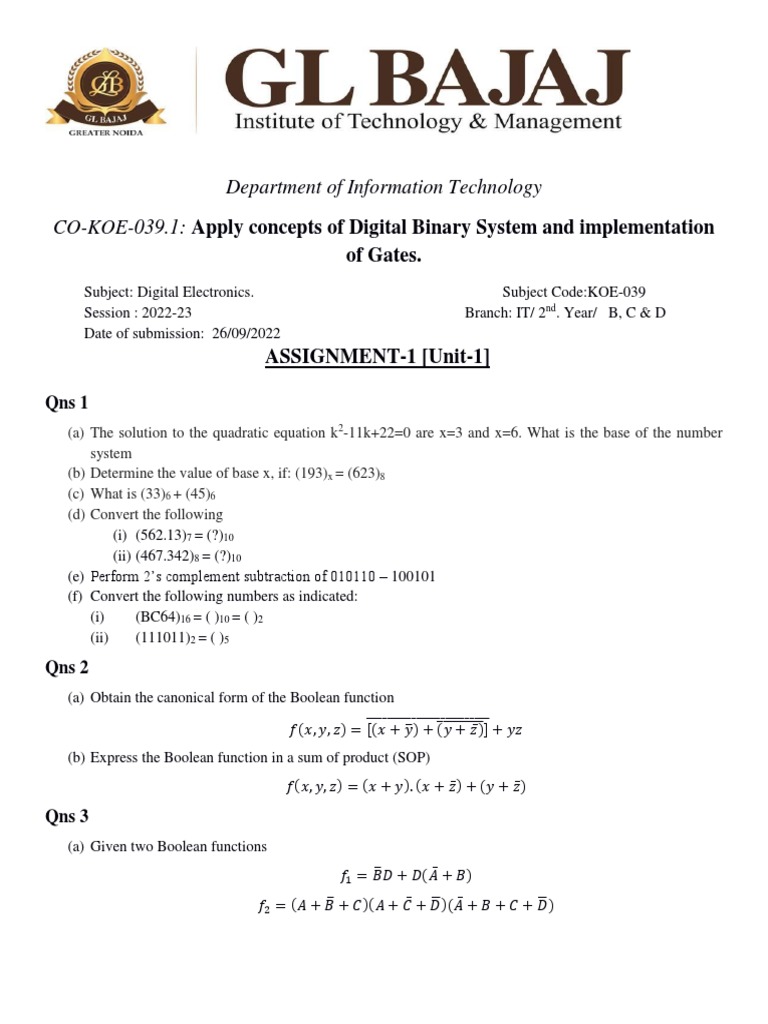 DE - KOE 039 - Assignment #1 | PDF | Boolean Algebra | Teaching Mathematics