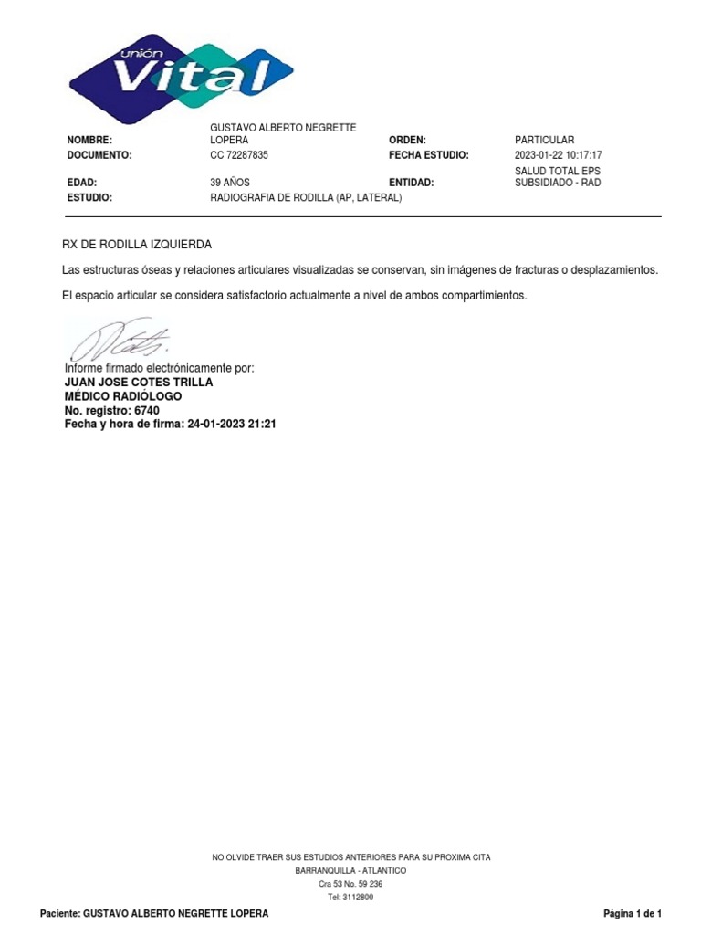 Informe Radiografía de Rodilla | PDF