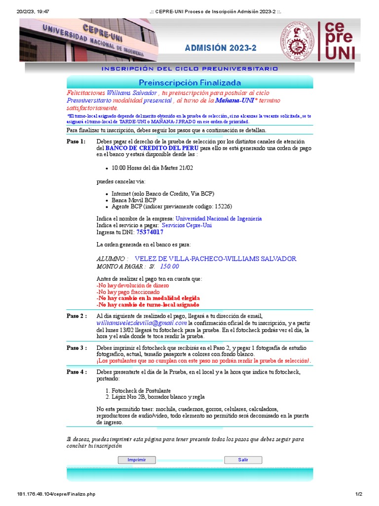 CEPRE-UNI Proceso de Inscripción Admisión 2023-2 | PDF | Industrias de servicio