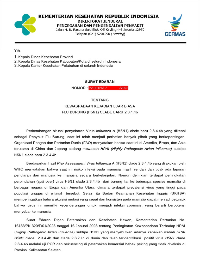 Surat Edaran Tentang Kewaspadaan Kejadian Luar Biasa Flu Burung (h5n1) Clade Baru F | PDF