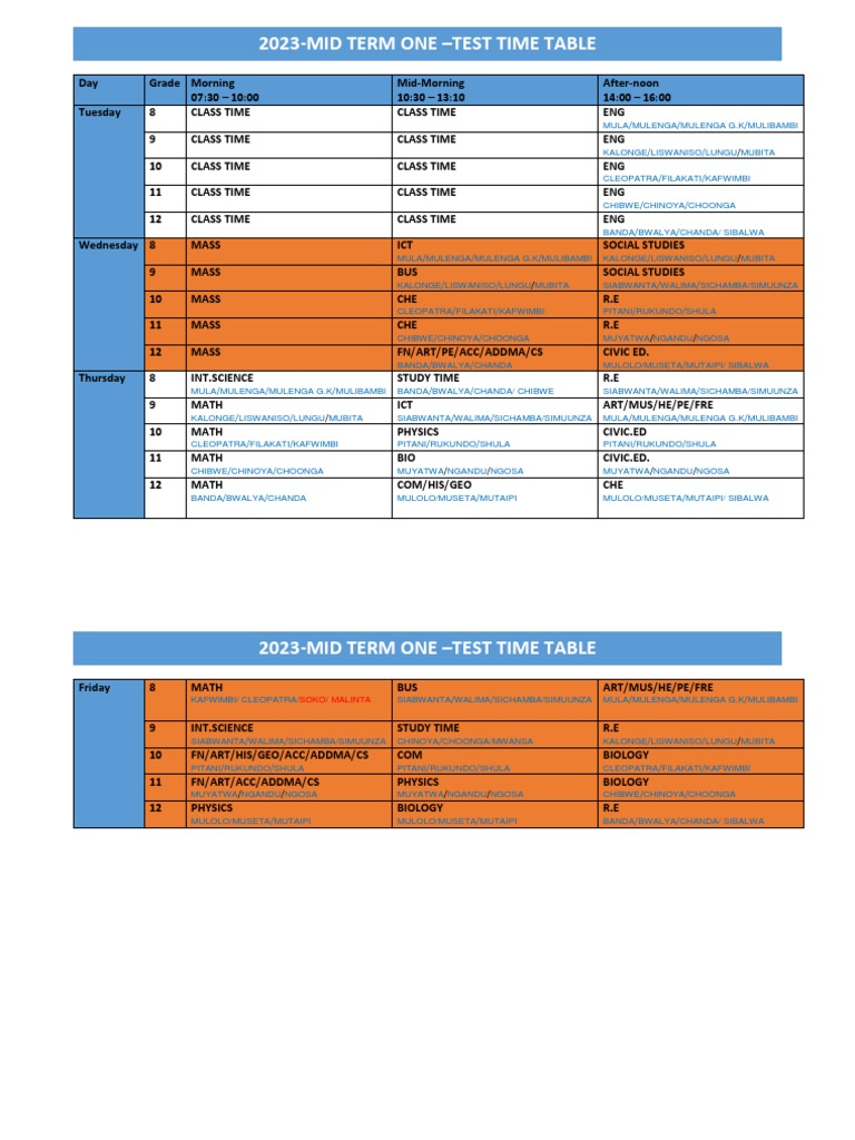 Mid Term One Time Table | PDF