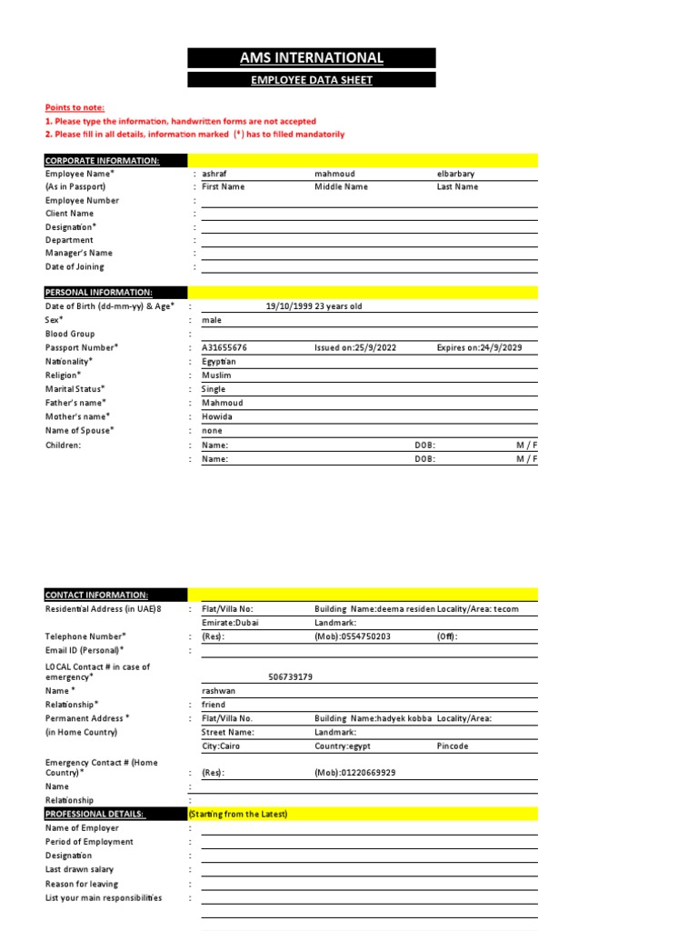 Employee Data Sheet Template | PDF