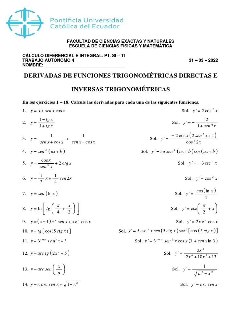 Derivadas de Funciones Trigonomètricas Directas e Inversas | PDF | Funciones trigonométricas ...