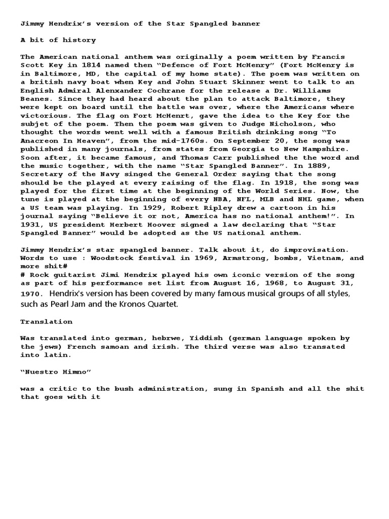 Jimmy Hendrix's Version of The Star Spangled Banner | PDF | The Star ...