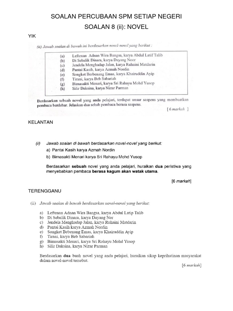 Soalan Percubaan SPM Setiap Negeri - Novel | PDF