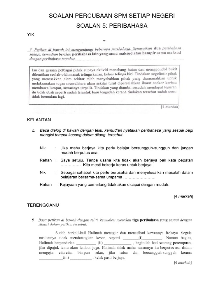 Soalan Percubaan SPM Setiap Negeri - Peribahasa | PDF
