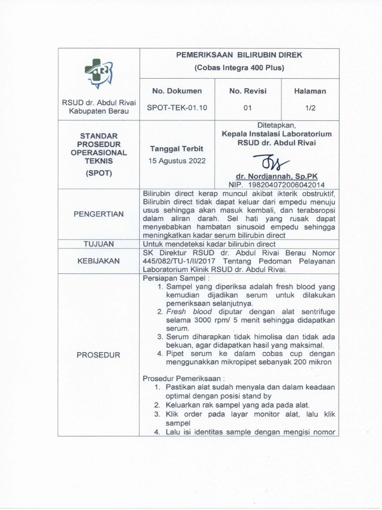 SPOT-TEK-01.10R1 Pemeriksaan Bilirubin Direk | PDF | Teknologi & Rekayasa