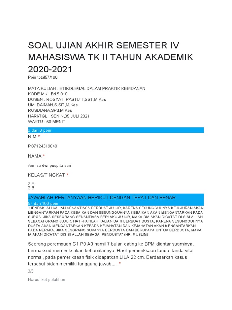 Soal Sundu Uas Semester Iv Mahasiswa TK Ii Tahun Akademik 2020 | PDF | Gaya Hidup