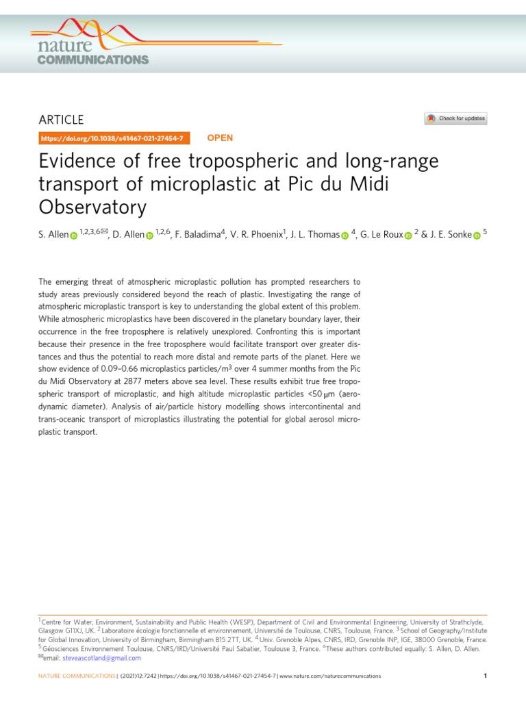 Evidence of Free Tropospheric and Longrange Transport of Microplastic ...