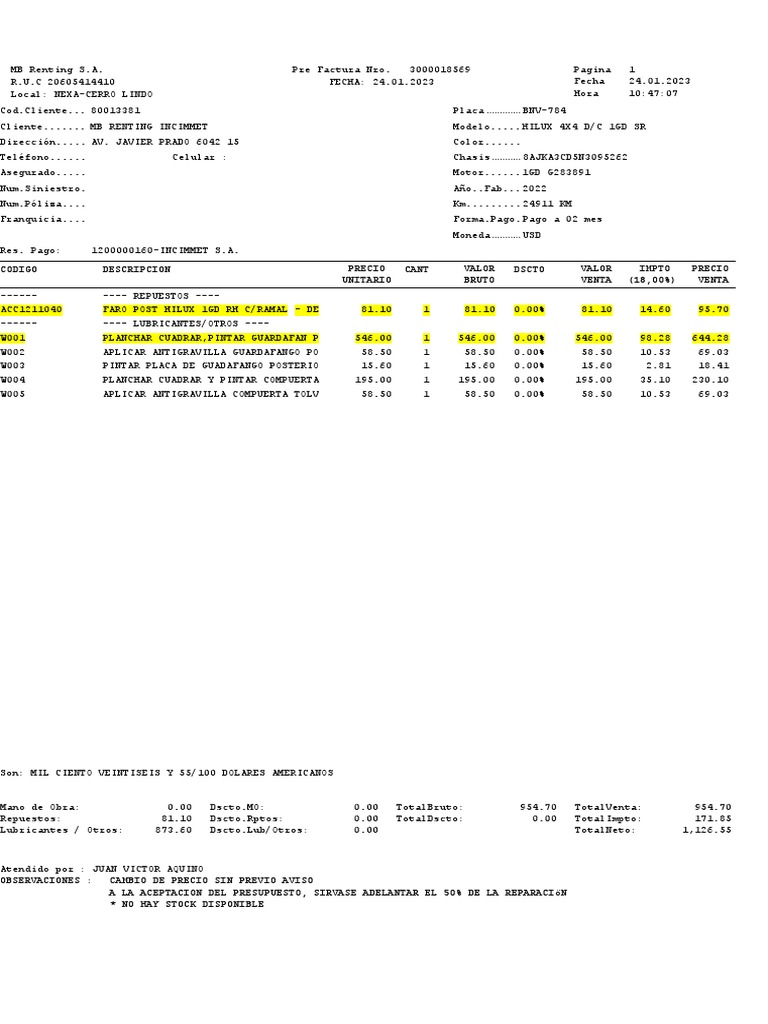 Cotizacion Planchado Camioneta BNV-784 Victorio - Yauri. | PDF