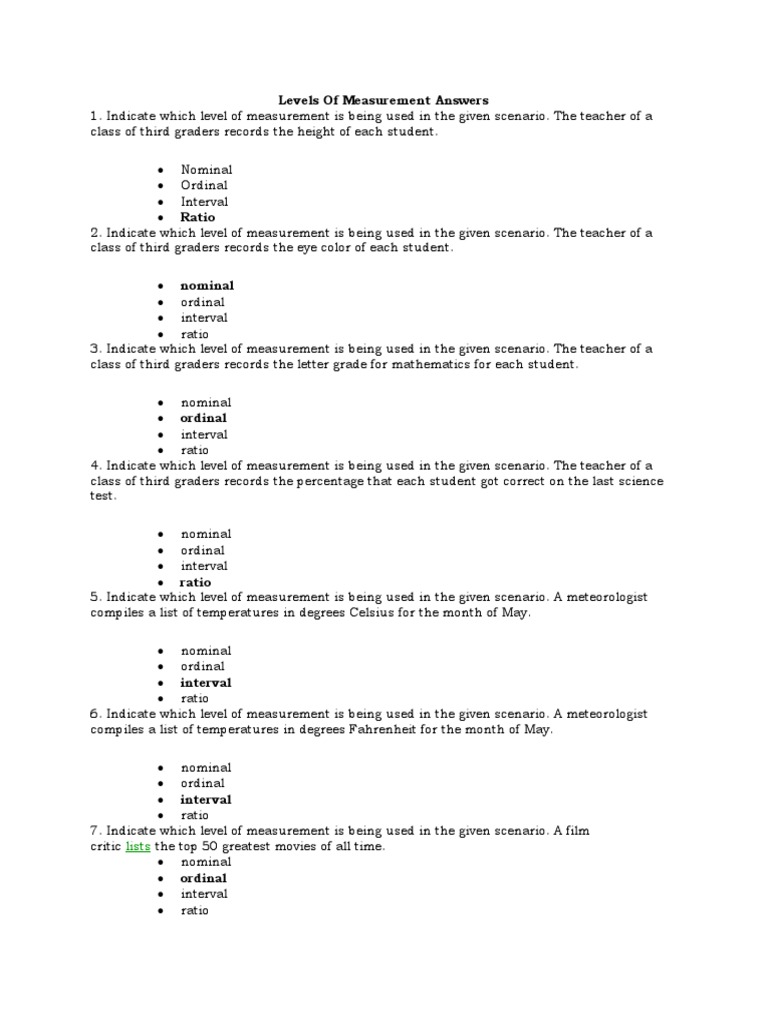 Levels of Measurement Answers. Enrichment (Stat) | PDF | Level Of ...