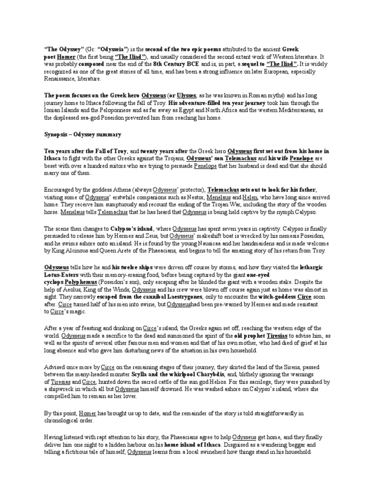 Epic Poem Summary - Homer's Odyssey | PDF | Odyssey | Odysseus