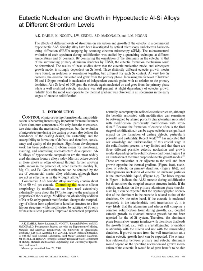 Dahle 2001 Eutectic Nucleation And Growth In Hypoeutectic Al Si Alloys At Different