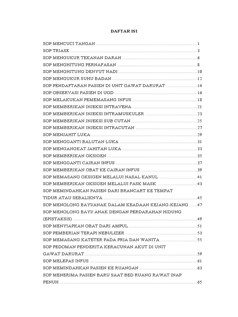 Daftar Isi Sop Ruang Pelayanan Ugd & Rawat Inap | PDF