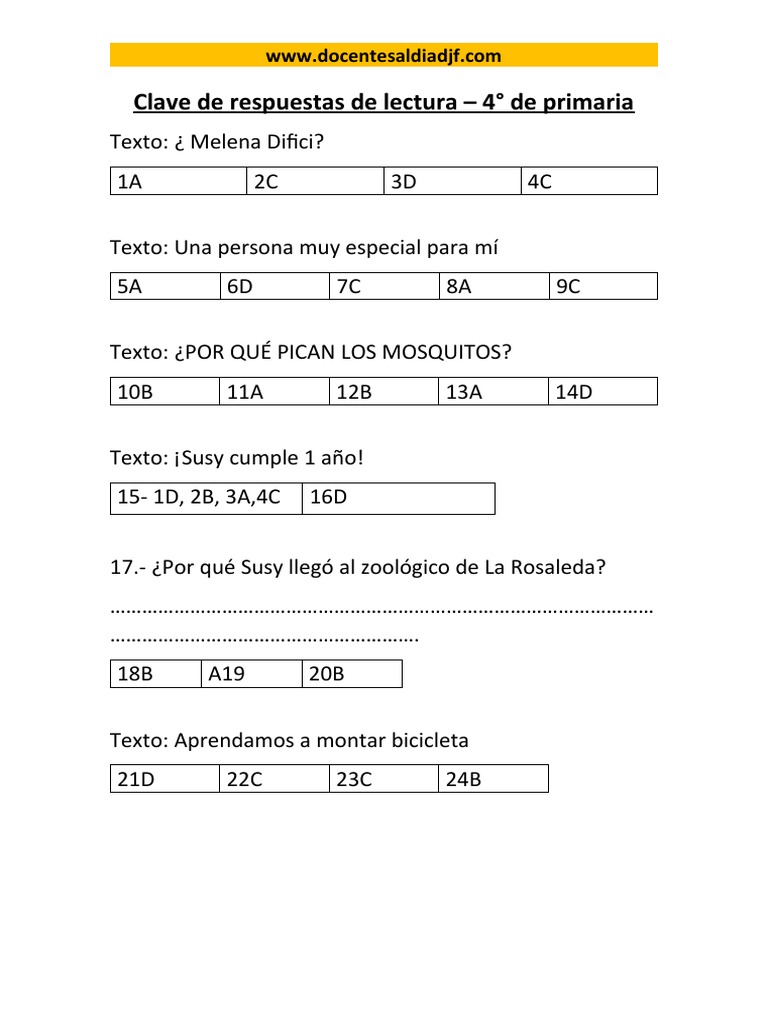 Clave de Respuestas de Lectura y Matematica 4° Primaria | PDF