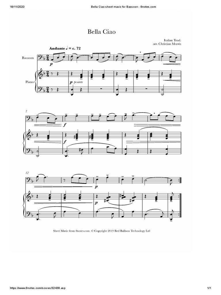 Bella Ciao Sheet Music For Bassoon | PDF