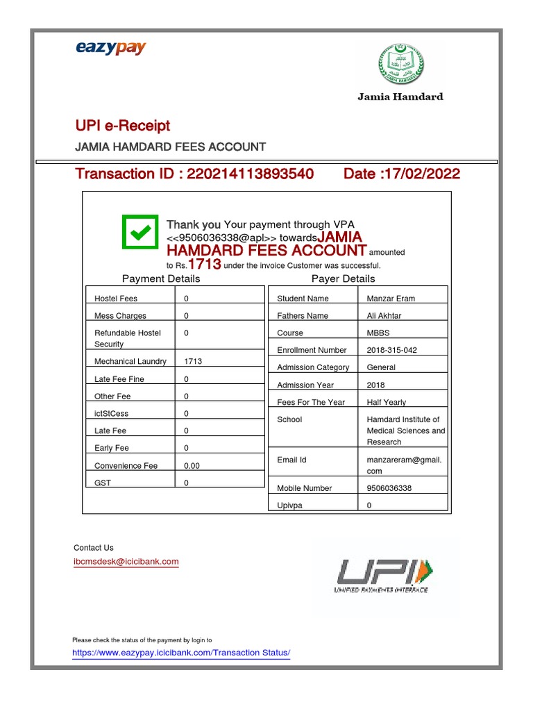 UPI e-Receipt for Jamia Hamdard Fees Payment | PDF