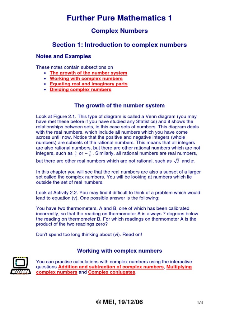 Further Pure Mathematics 1: Complex Numbers Section 1: Introduction To Complex Numbers | PDF ...