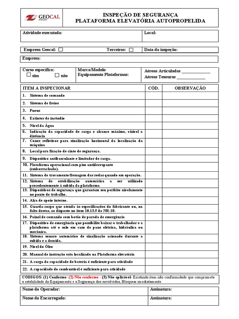 Check-List Plataforma Elevatória | PDF