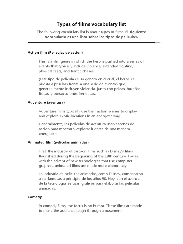 Types of Films Vocabulary List | PDF | The Arts | Creative Works