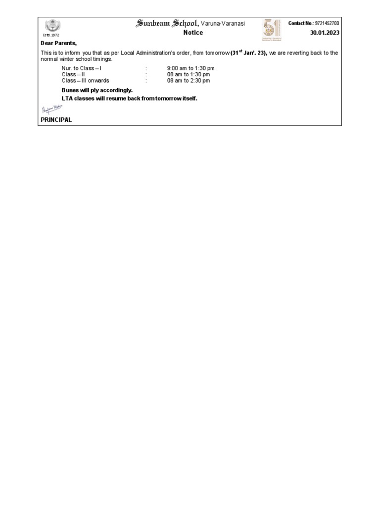 Winter School Timing Change Notice | PDF