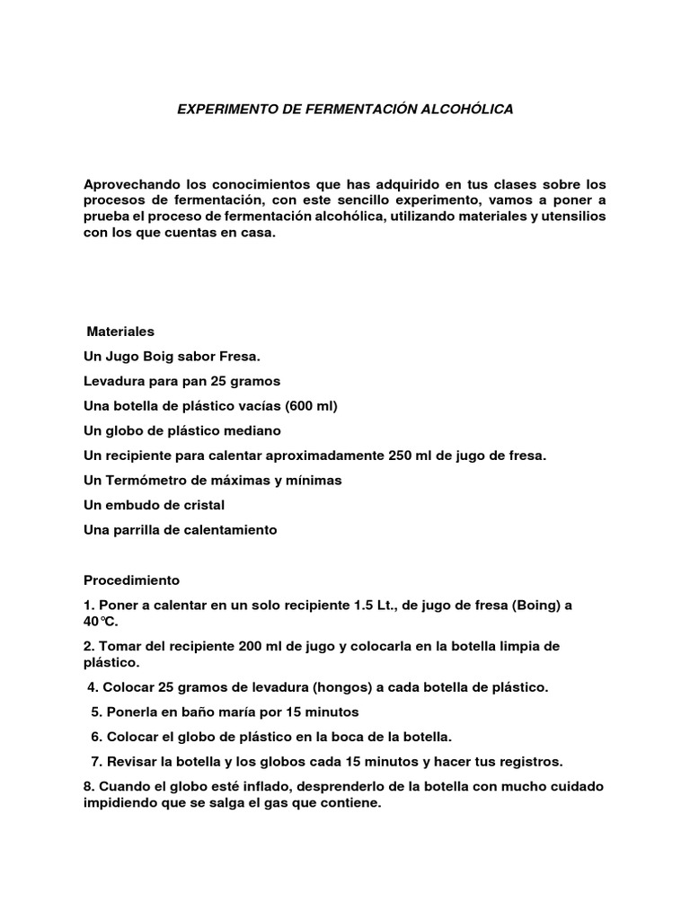 Experimento de Fermentaciã - N Alcohã - Lica | PDF