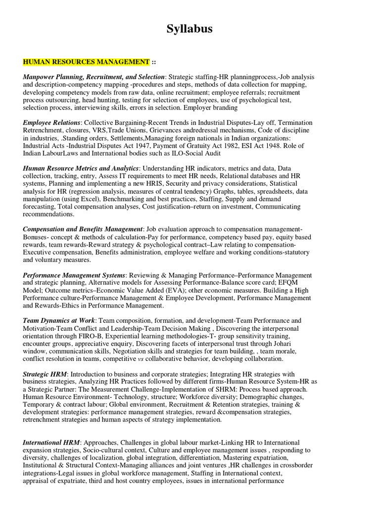 HRM Syllabus covers Recruitment, Performance, and more | PDF ...